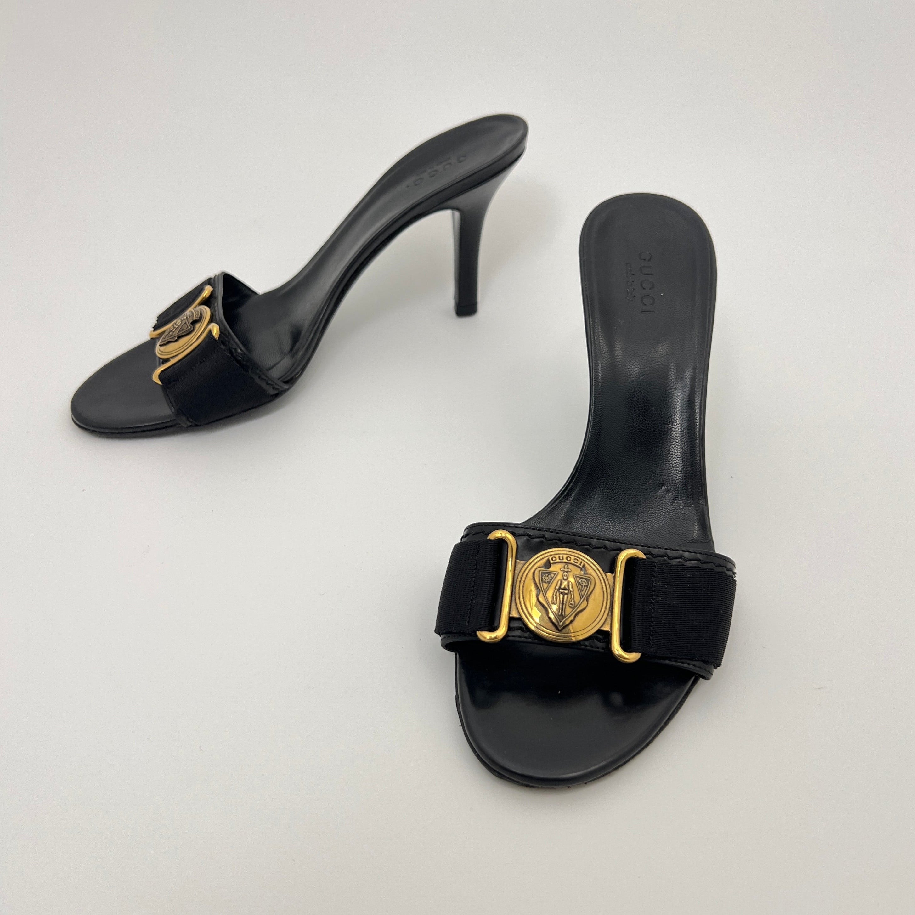Gucci Black Leather Band Gold Logo Hardware Sandal Mules (36.5) – sayo ...